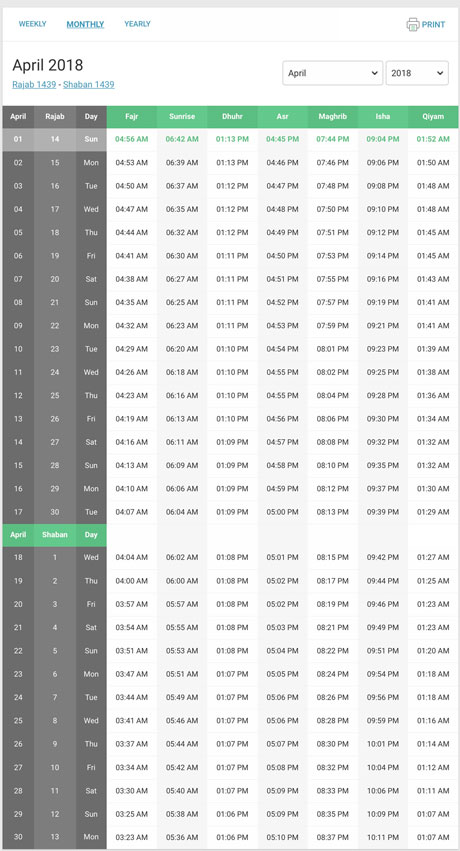 Monthly Prayer Timetable - Muslim Youth Foundation