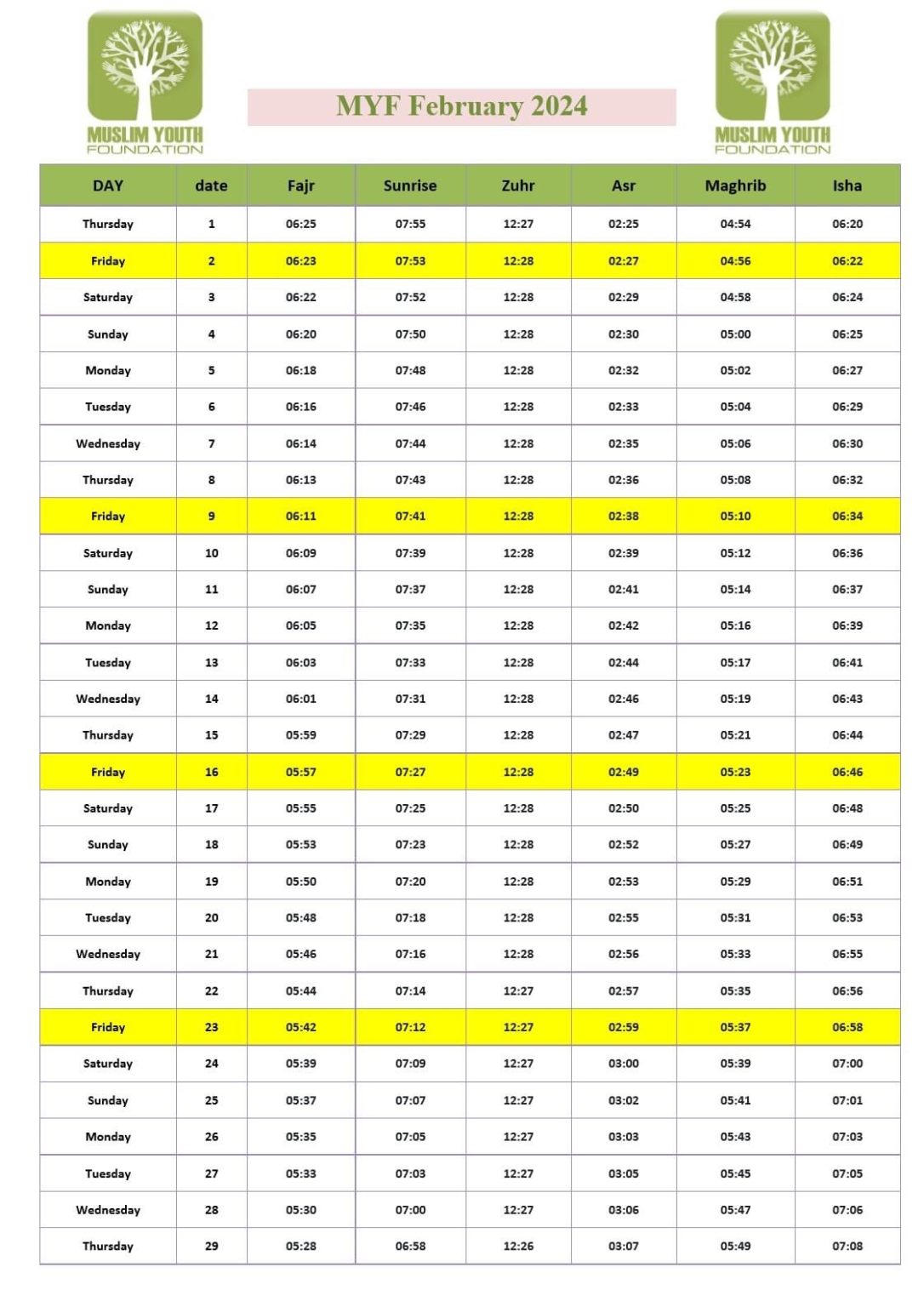 Monthly Prayer Timetable - Muslim Youth Foundation