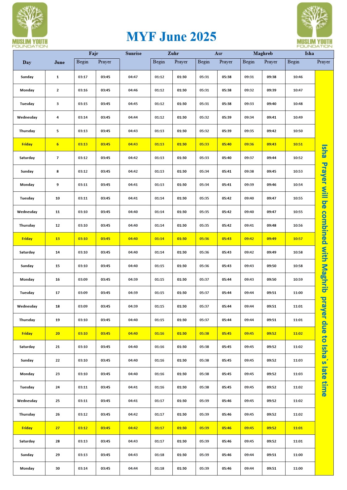 June Timetable - Muslim Youth Foundation