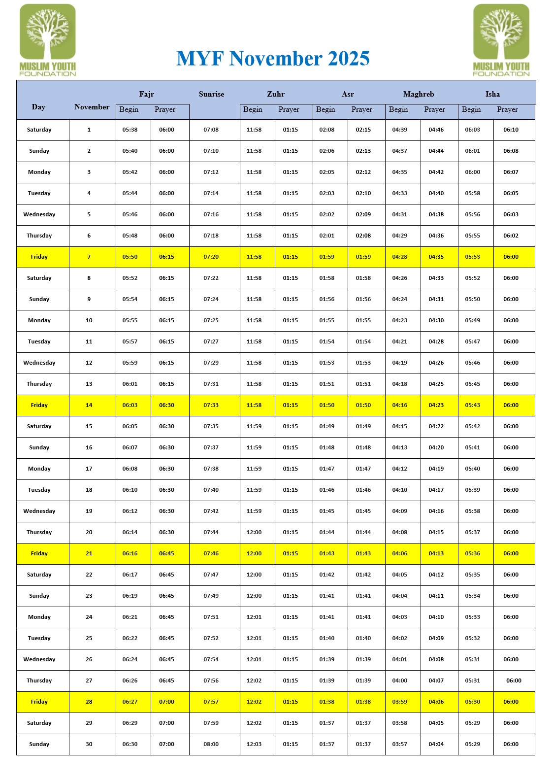 November Prayer Timetable - Muslim Youth Foundation